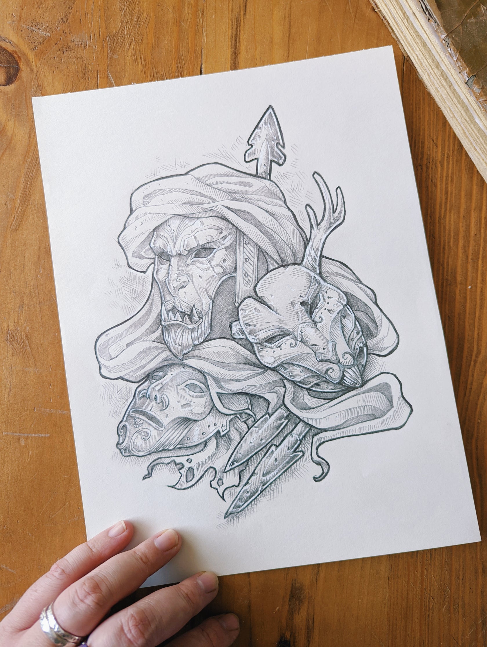 SPANISH ed. HOUSES OF THE BLOODED - MASKS ORIGINAL ART - PENCIL ILLUST ...
